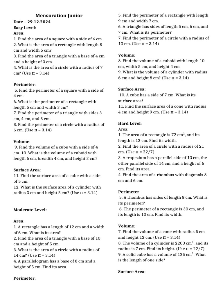 Mensuration Problems for Beginners | PDF | Area | Length