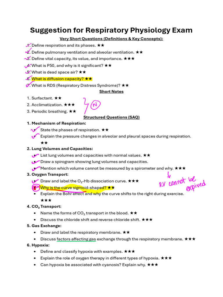 Respiratory Physiology Exam Guide | PDF | Respiratory System | Lung