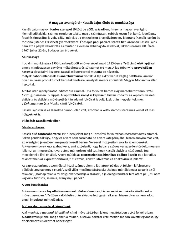 A Magyar Avantgárd Kassák Lajos | PDF