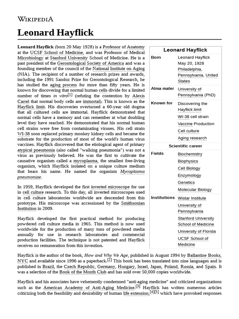 Leonard Hayflick (1928-) 6pp @wiki2021en | PDF | Biology | Health Sciences