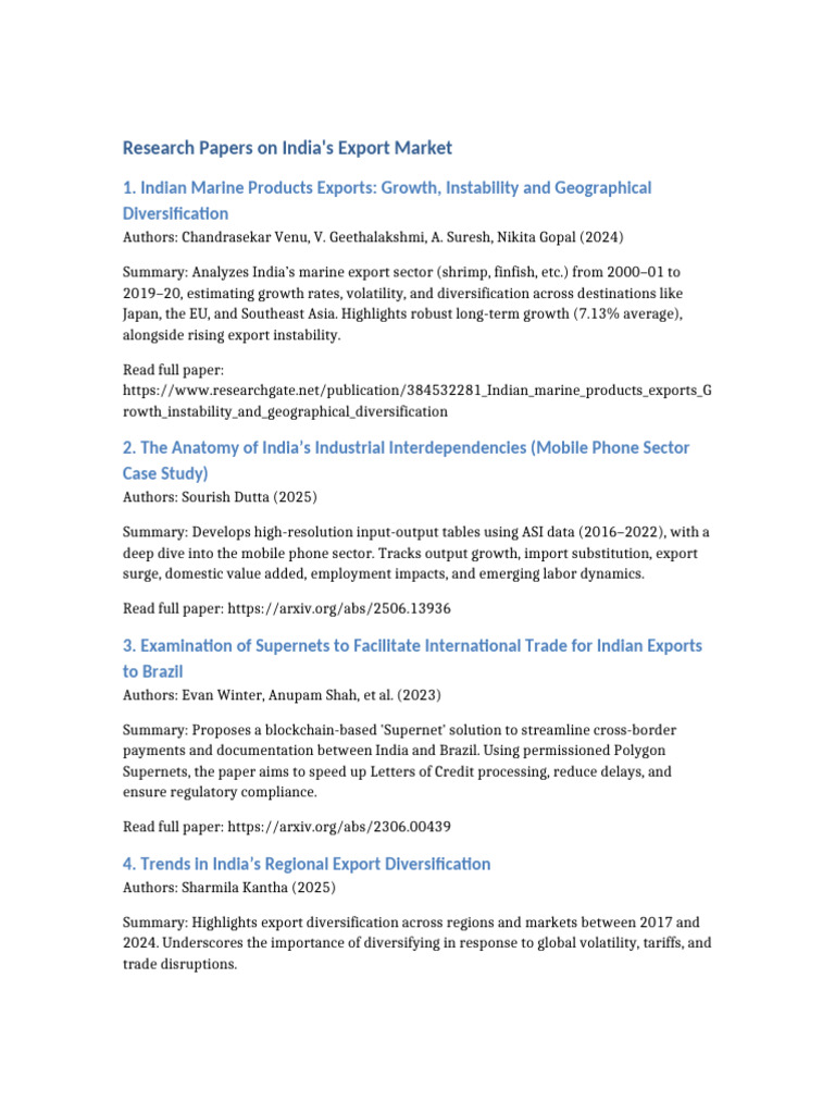 Research Papers India Export Market | PDF