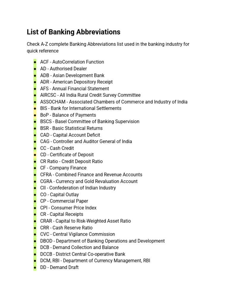 Comprehensive Banking Abbreviations List | PDF | Banks | International ...