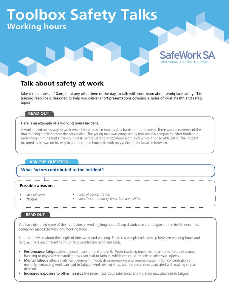 Toolbox Safety Talks Working Hours | PDF | Occupational Safety And Health | Shift Work