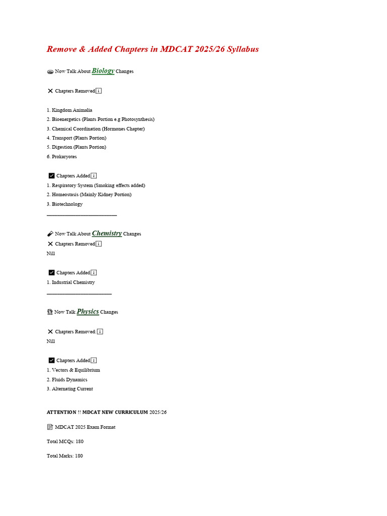 Remove & Added Chapter in MDCAT 2025-26 New Syllabus by Rehm@n | PDF