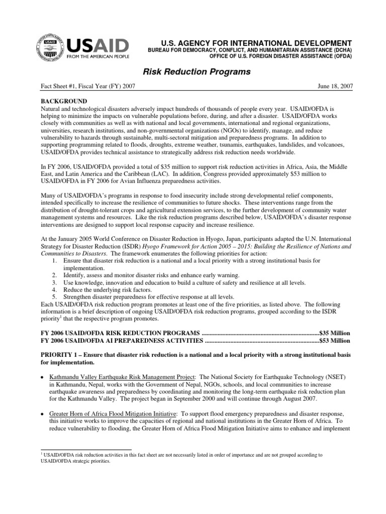 Risk Reduction Programs: U.S. Agency For International Development ...