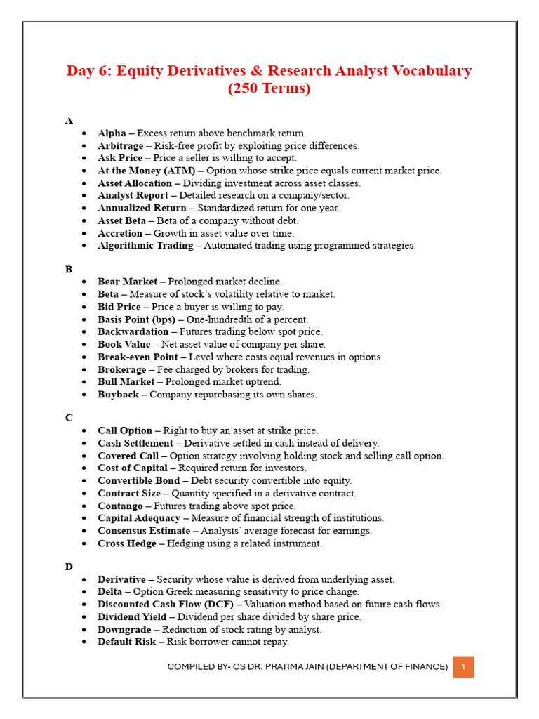 Equity Derivatives Vocabulary Guide | PDF | Option (Finance ...
