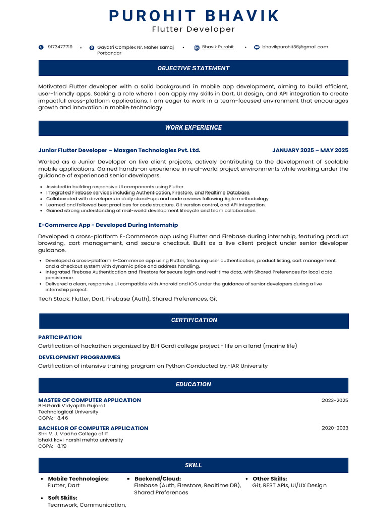 Flutter Developer Resume - Bhavik Purohit | PDF | Mobile App | Computer ...