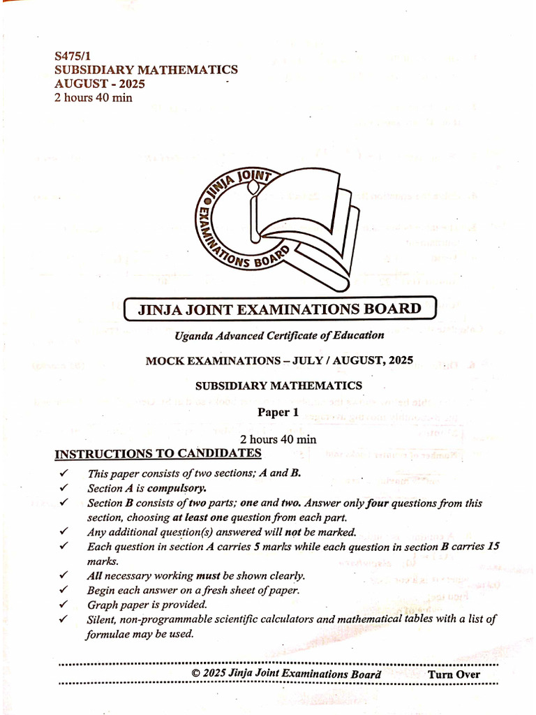 JJEB Subsidiary Mathematics 2025 | PDF