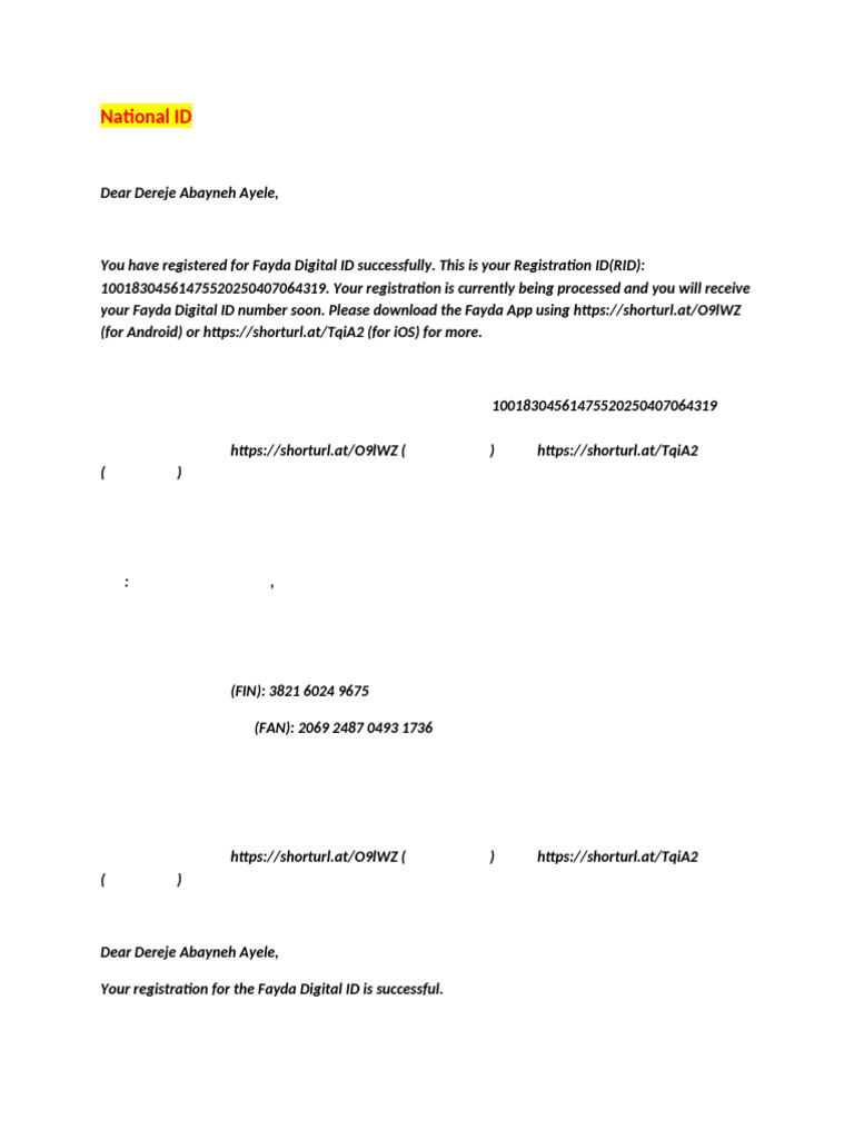 Fayda Digital ID Registration Confirmation | PDF