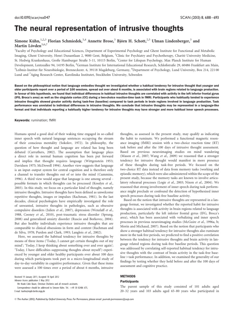 Neural Basis of Intrusive Thoughts | PDF | Thought | Functional ...
