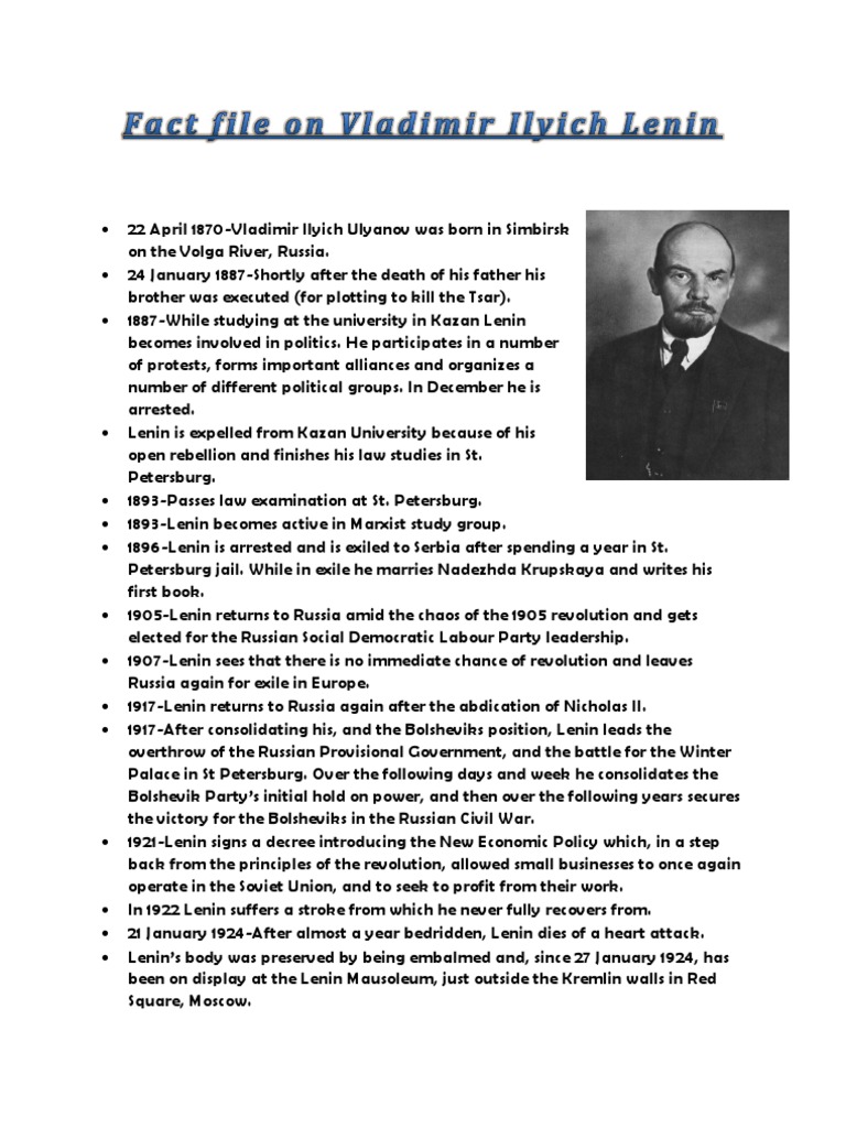 Fact File On Vladimir Ilyich Lenin | PDF