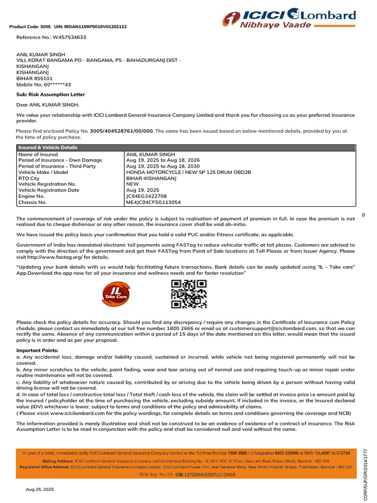 Sub: Risk Assumption Letter | PDF | Insurance | Pro Rata