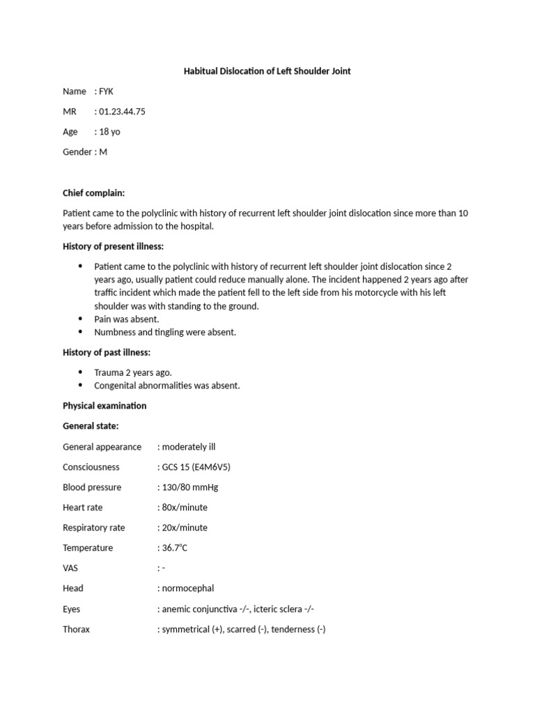 Habitual Left Shoulder Dislocation Case Study | PDF | Human Diseases ...