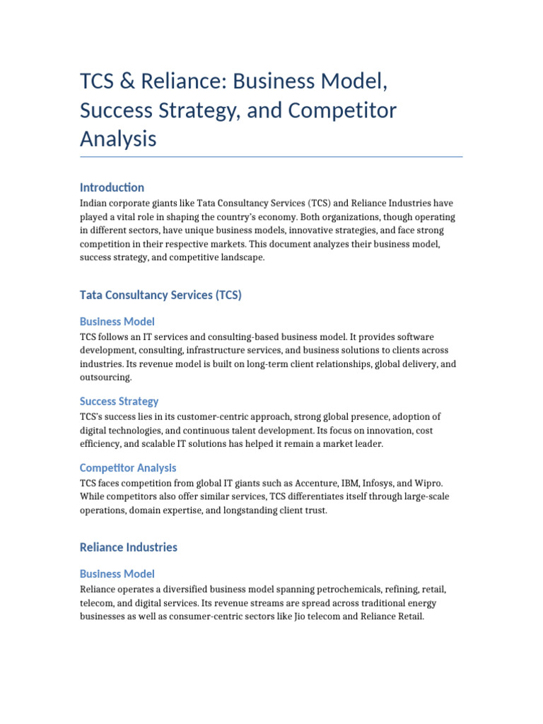 TCS and Reliance: Business Models Compared | PDF | Business Model ...
