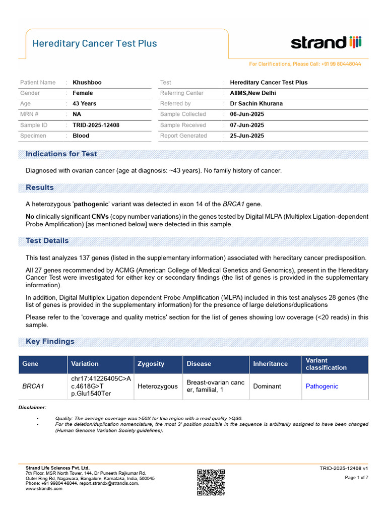 BRCA1 Pathogenic Variant Report | PDF | Dna Sequencing | Molecular Genetics