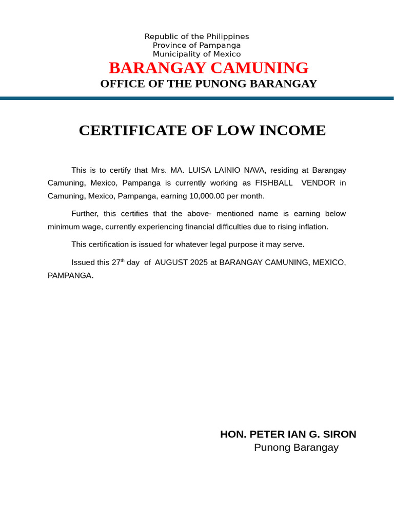Certificate of Low Income - Camuning, Pampanga | PDF
