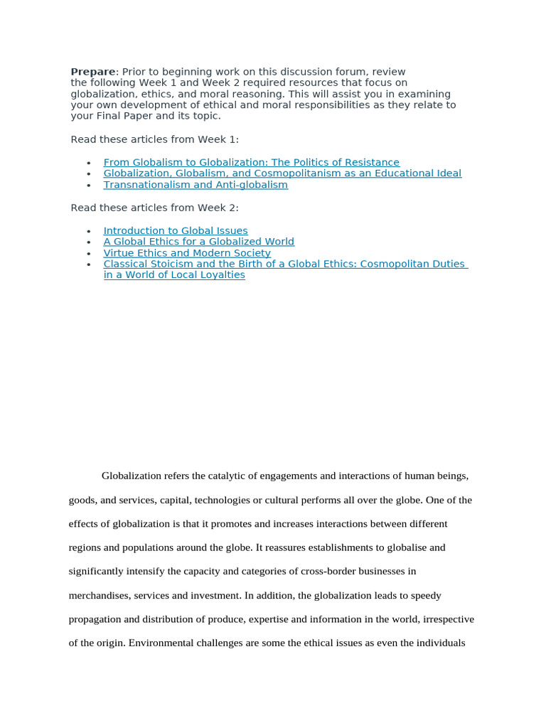 GEN499 Week 2 Discussion 1 | PDF | Globalization | Cosmopolitanism