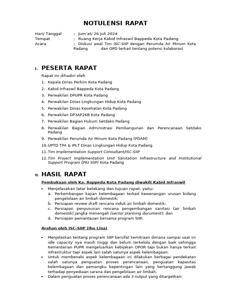 Notulensi Rapat Kolaborasi Sanitasi Padang | PDF