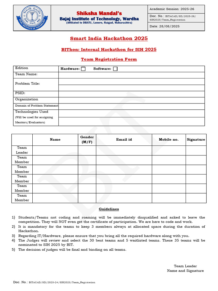 Team Registration for SIH 2025 Hackathon | PDF
