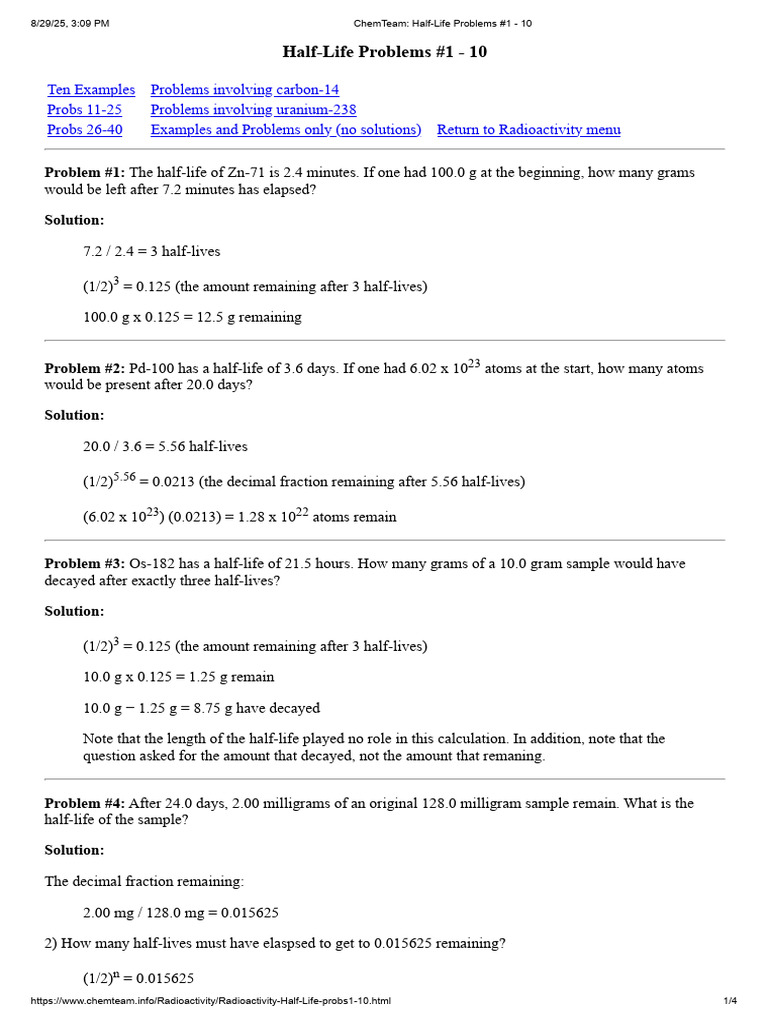 Half-Life Problem Examples and Solutions | PDF | Radioactive Decay ...