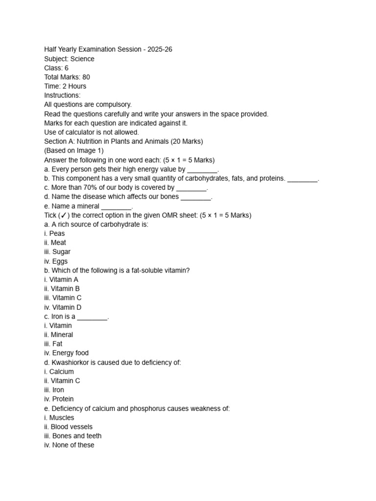 Class Vi Half Yearly Questions Paper Science | PDF | Magnet | Vitamin