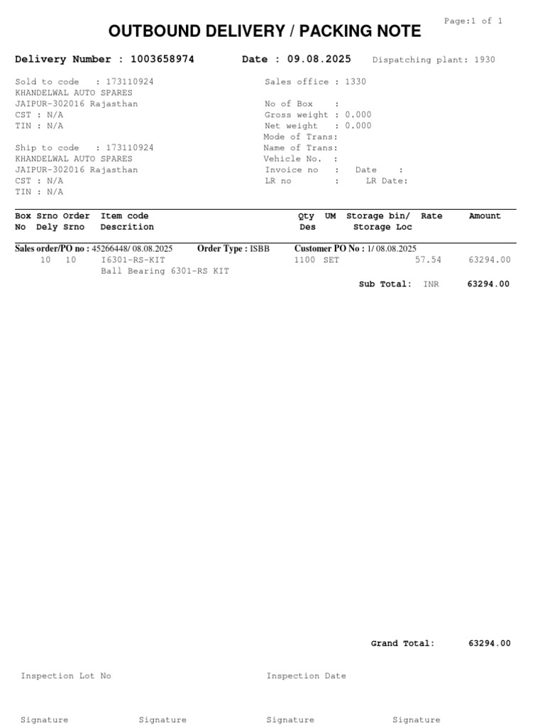 Outbound Delivery / Packing Note | PDF