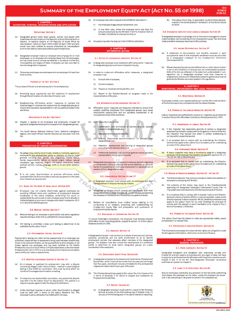 Employment Equity Act Summary - Act No.55 of 1998 - Poster - A1 | PDF