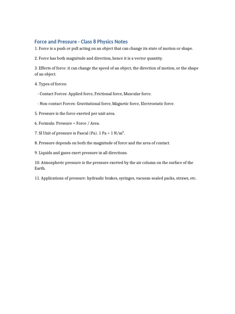 Class 8 Notes on Force and Pressure | PDF