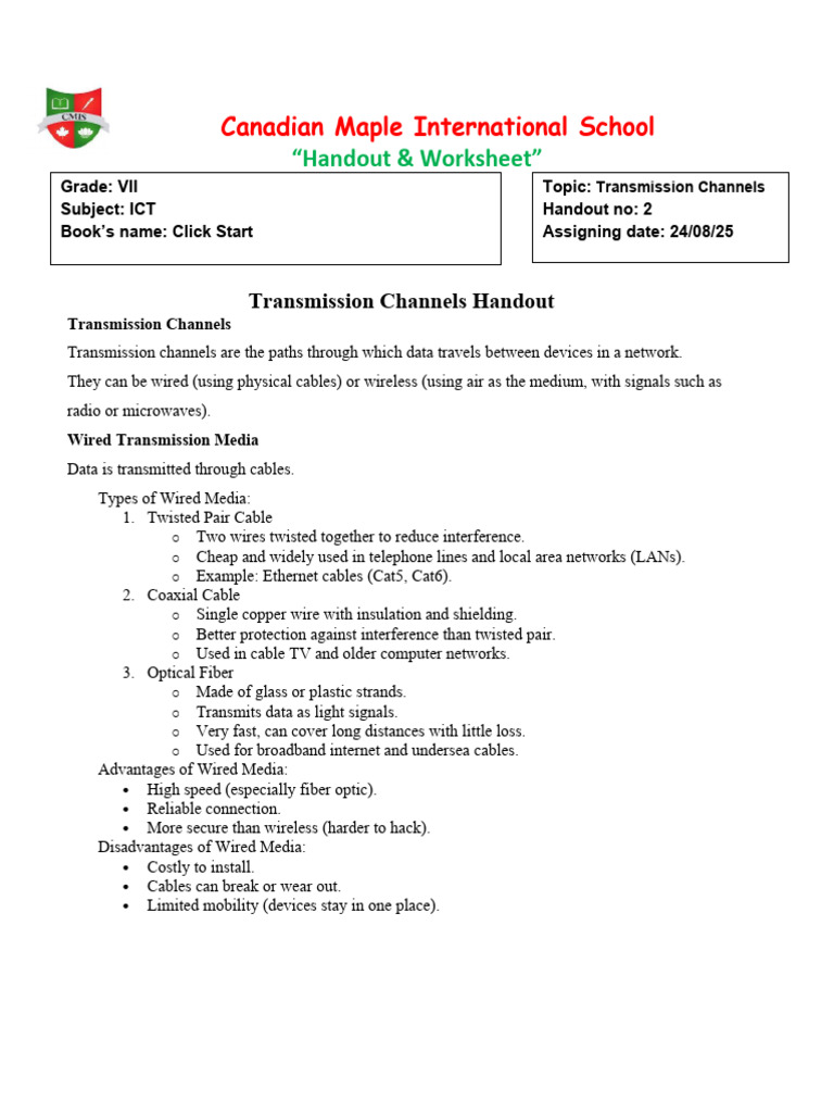 Transmission Channels in ICT: Handout & Worksheet | PDF | Transmission ...