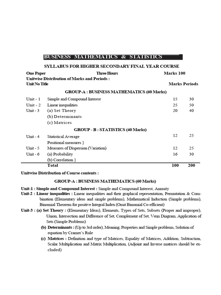 Business Mathematics & Statistics Syllabus | PDF | Matrix (Mathematics ...