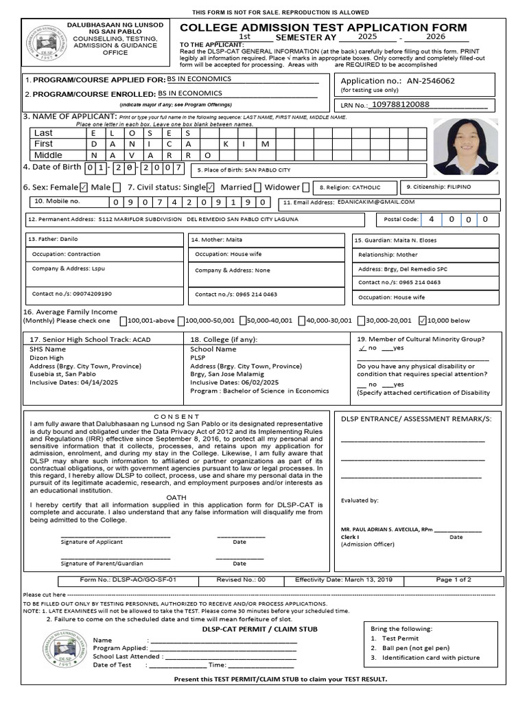 College Admission Test Application Form: Last First Middle | PDF