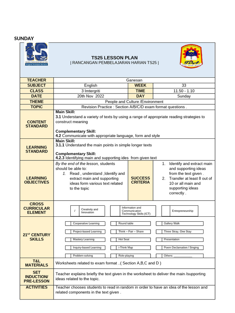 English Revision Lesson Plan for Week 33 | PDF | Educational Assessment ...