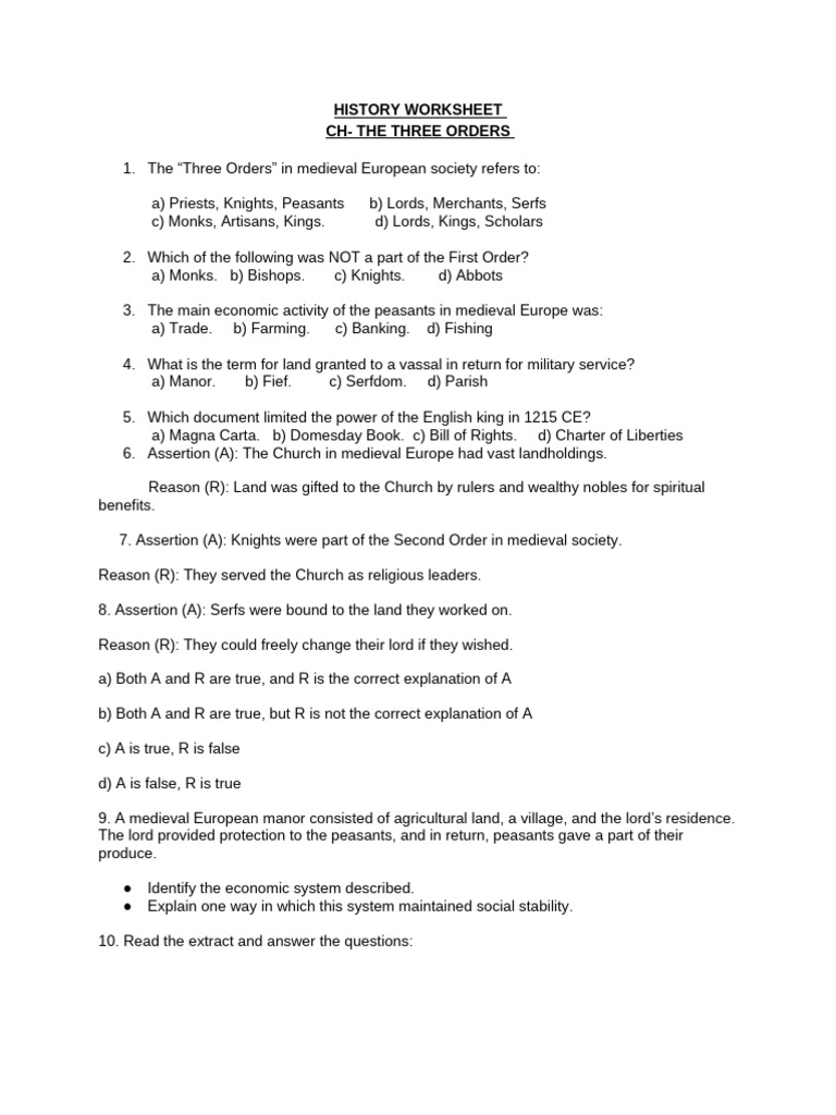 XI CH - 3 Orders Worksheet | PDF | Serfdom | Medieval Law