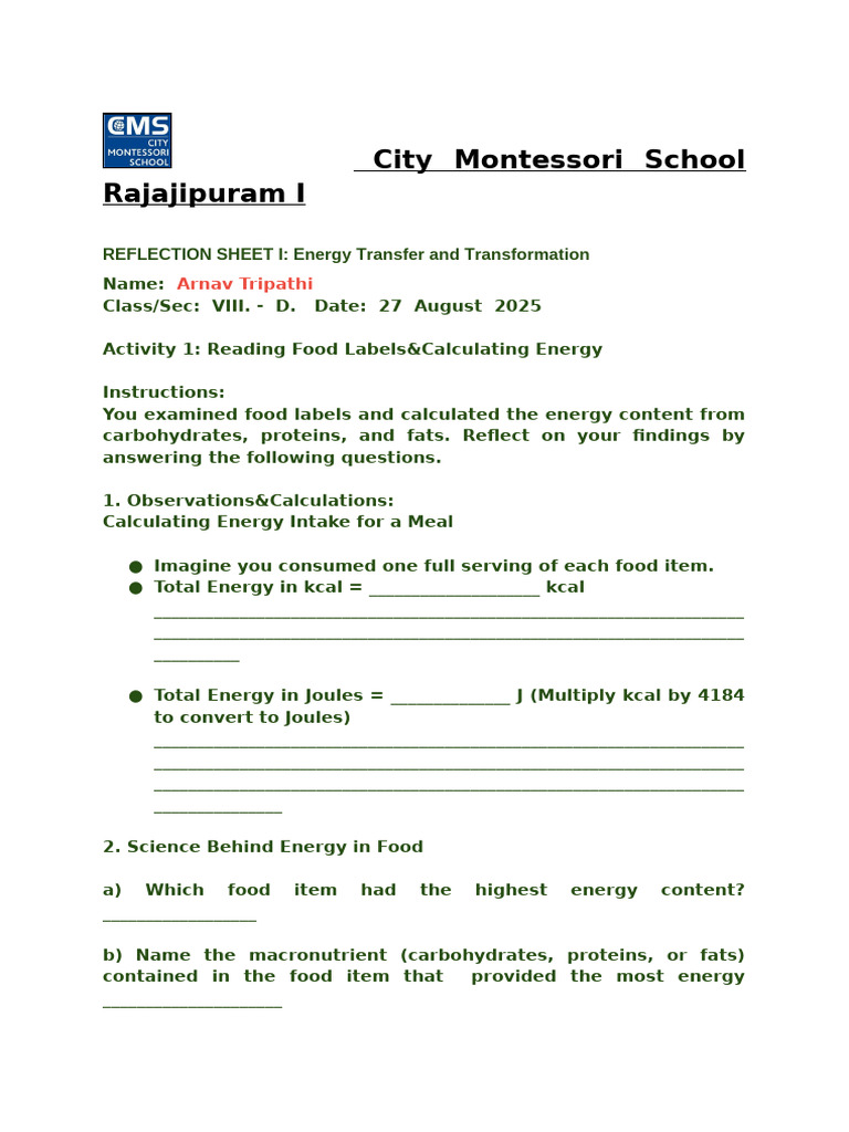 Energy Transfer Reflection Sheet | PDF | Calorie | Nutrition