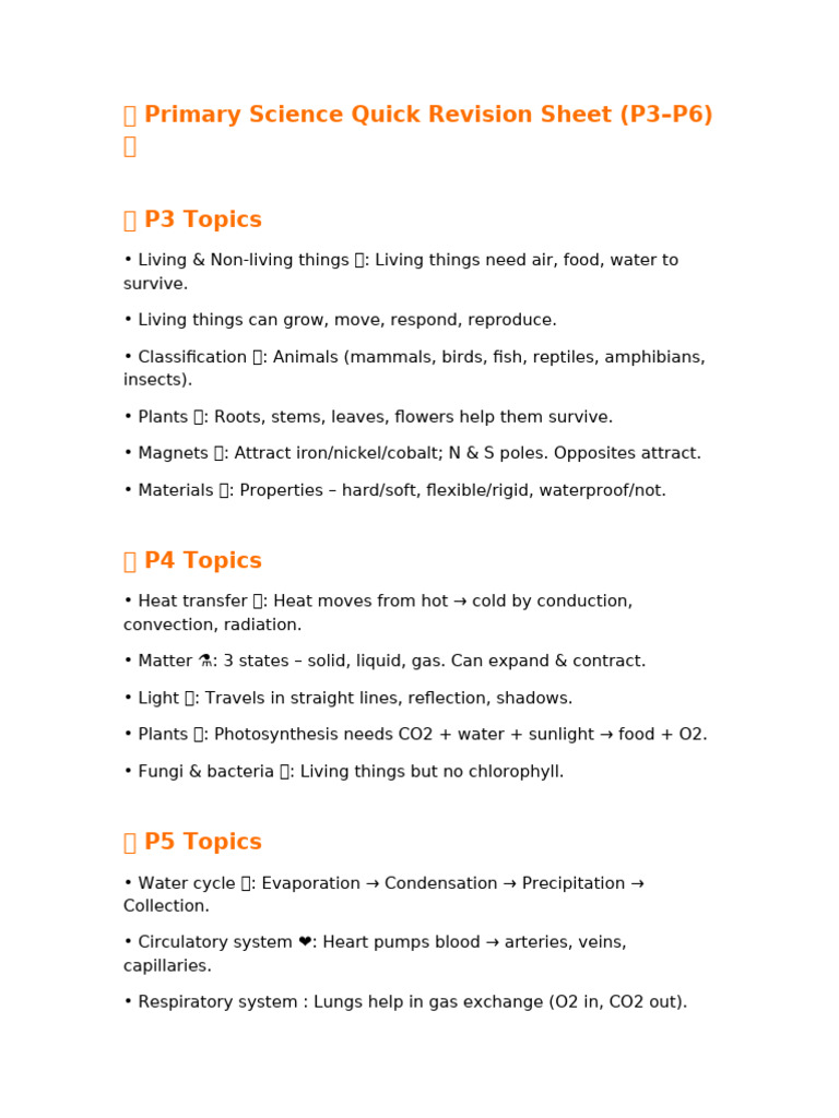 Primary Science Revision Notes P3-P6 | PDF