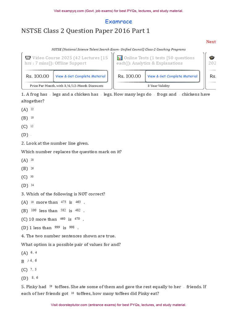 NSTSE Class 2 Previous Year Paper 2016 | PDF