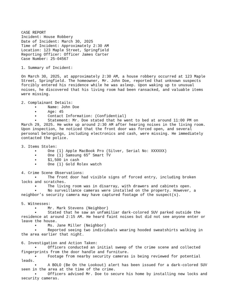Springfield House Robbery Case Report | PDF | Crimes | Crime & Violence