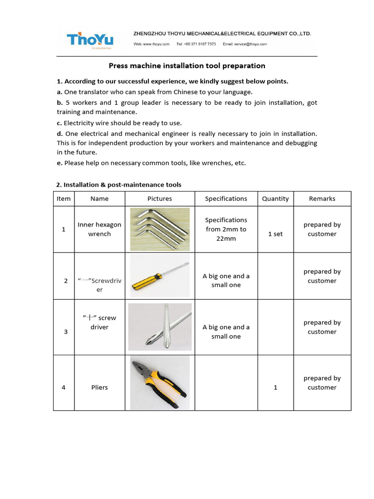 Press Machine Installation Tool Checklist | PDF | Tools | Mechanical ...