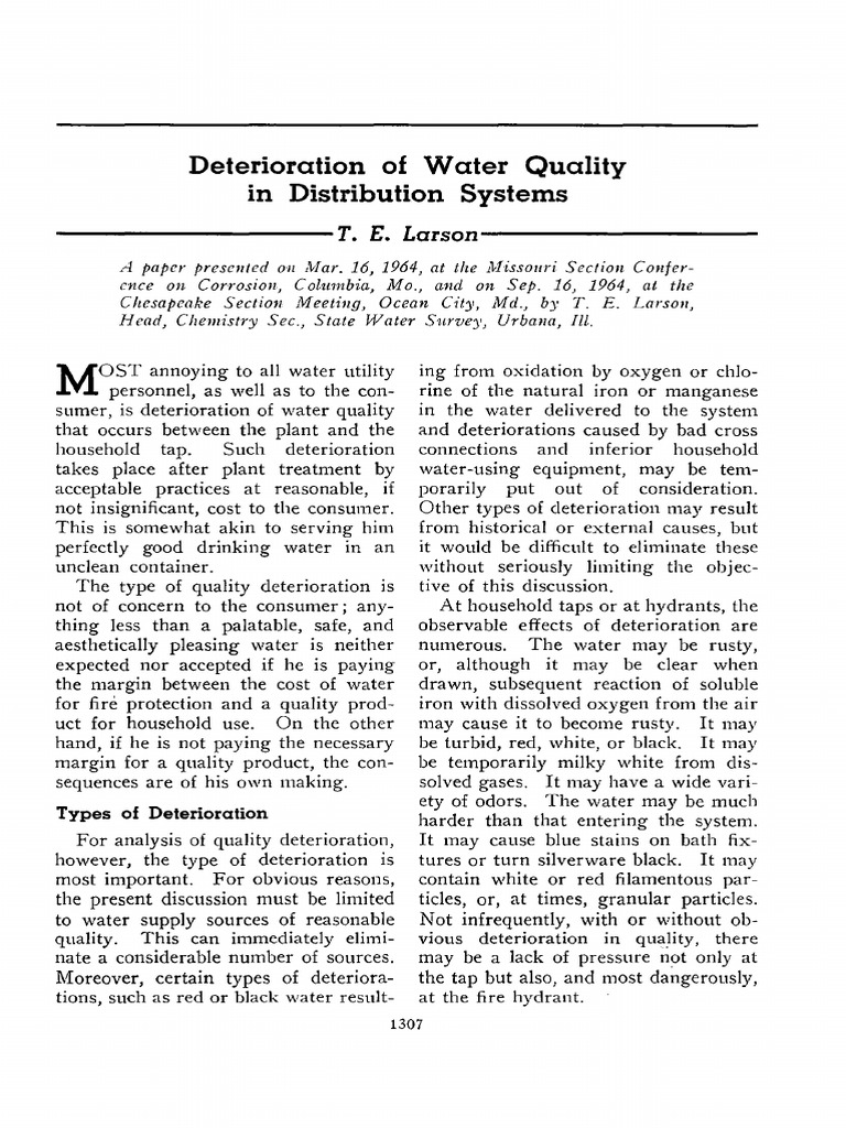 Deterioration of Water Quality in Distribution Systems: - T. E. Larson ...