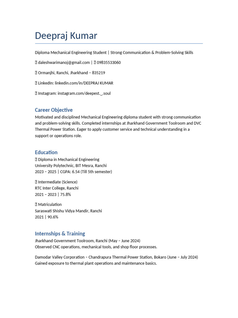 Mechanical Engineering Student Profile | PDF