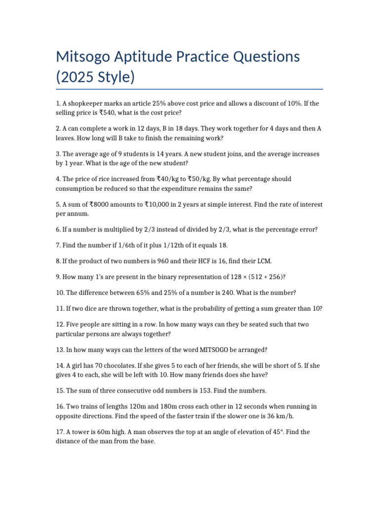 Mitsogo Aptitude Questions 2025 | PDF | Speed