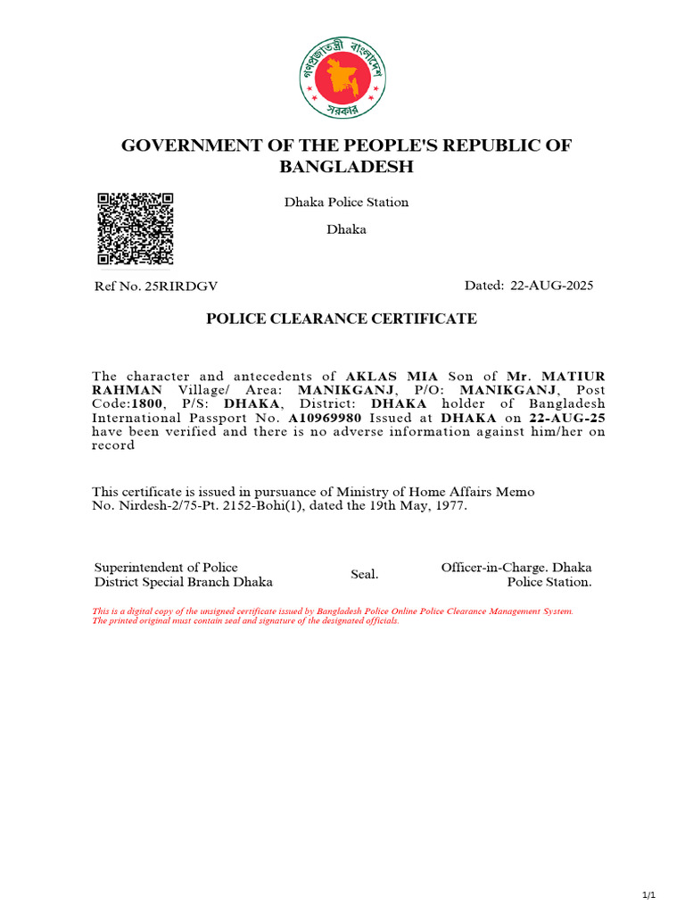 Police Clearance Certificate for AKLAS MIA | PDF