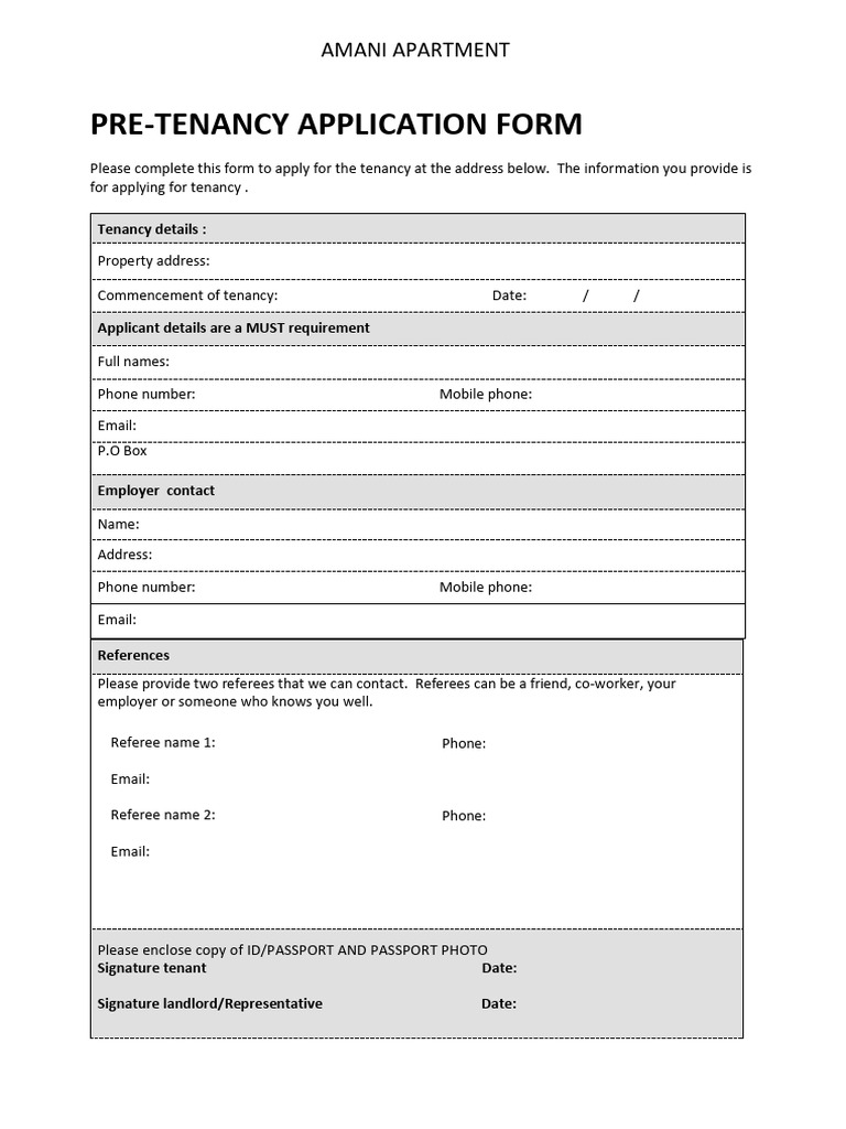 Amani Apartment Pre-Tenancy Form | PDF