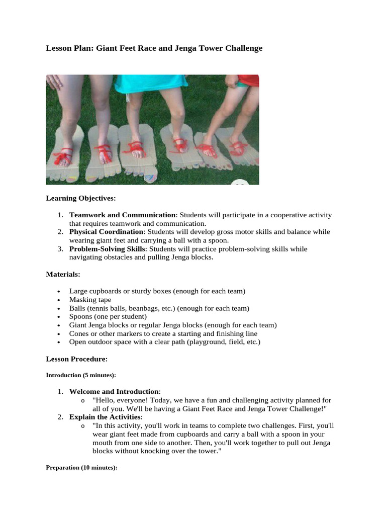 Giant Feet Race & Jenga Challenge Plan | PDF
