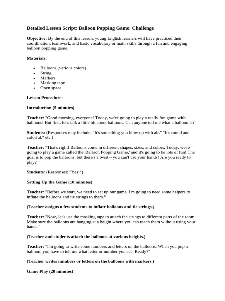 Balloon Popping Game for Young Learners | PDF | Balloon | Lesson Plan