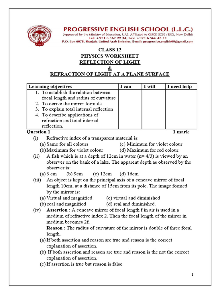 Class 12 Physics: Light Reflection & Refraction Worksheet | PDF ...
