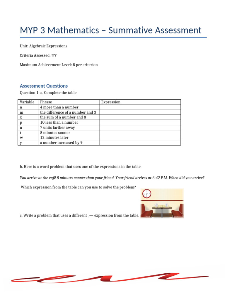 MYP 3 Math: Algebraic Expressions Assessment | PDF | Summation | Algebra