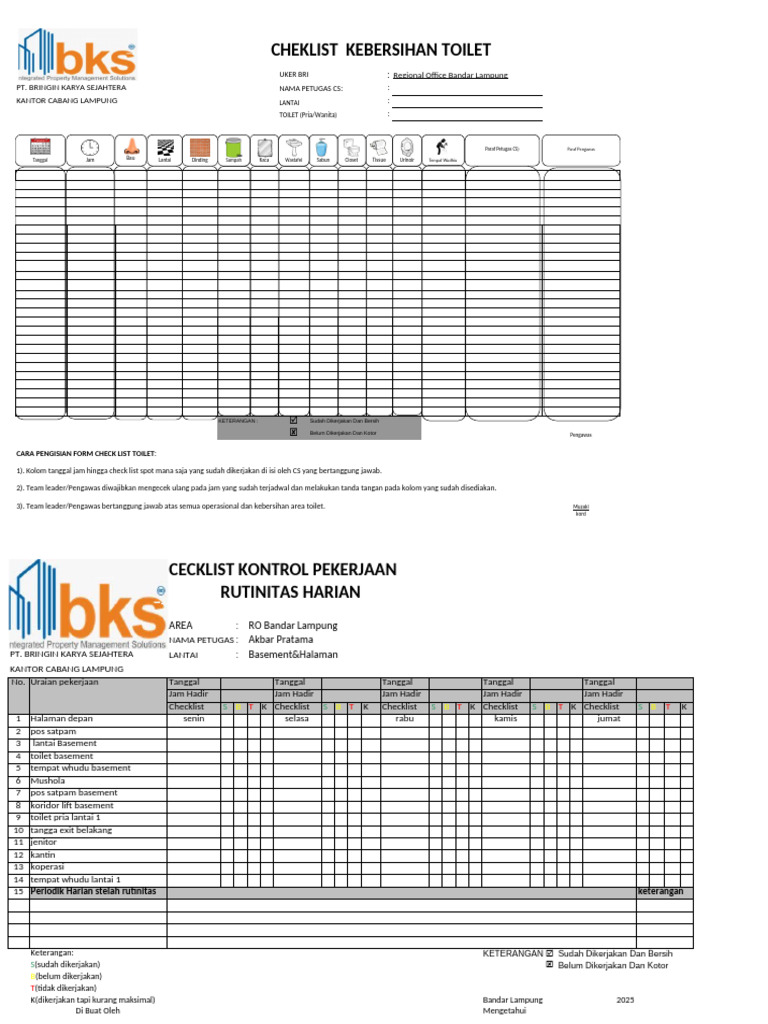Checklist Kebersihan Toilet BRI Lampung | PDF