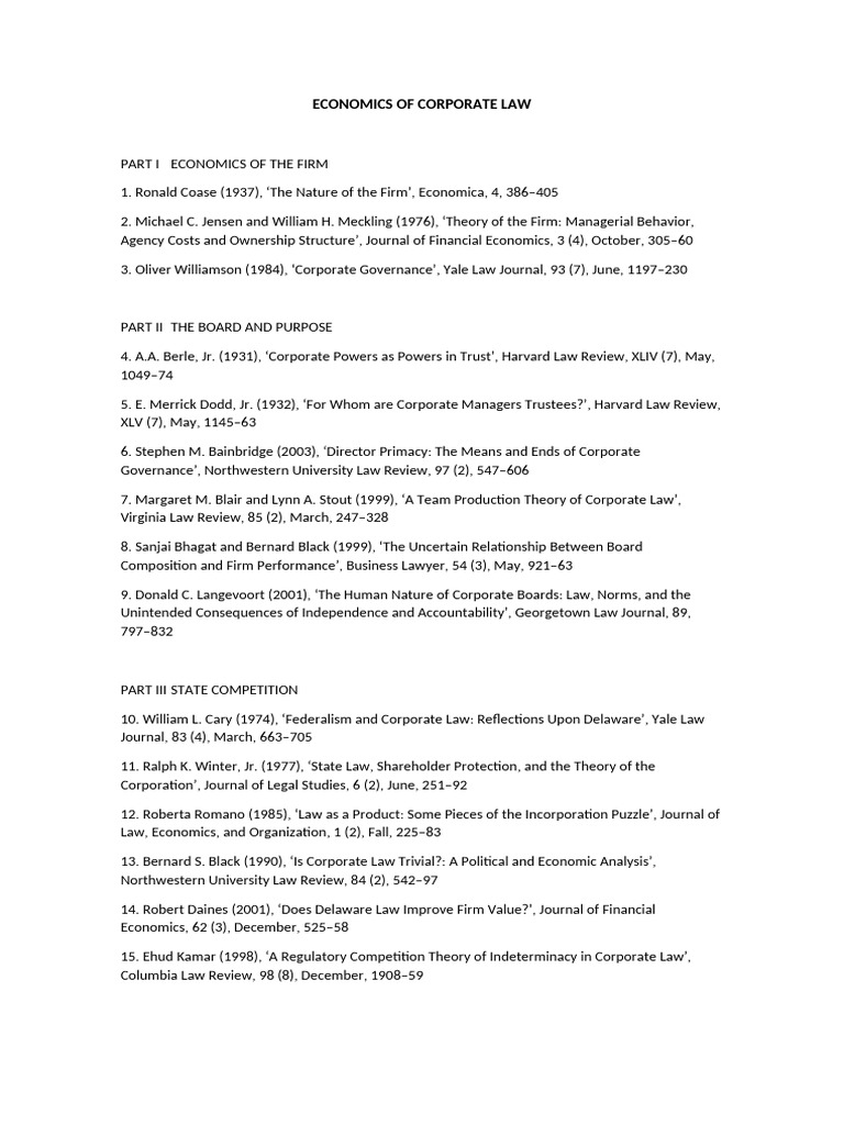 Economics of Corporate Law | PDF | Economies | Business