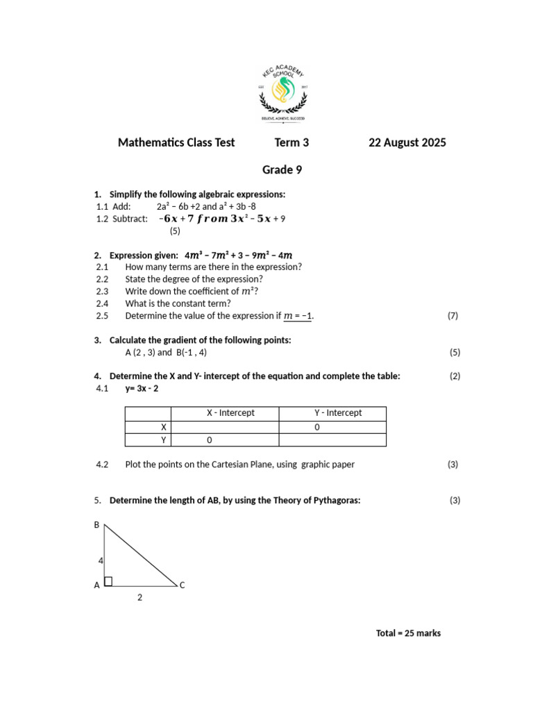 Mathematics Class Test Term 3 - 22 August 2025 | PDF